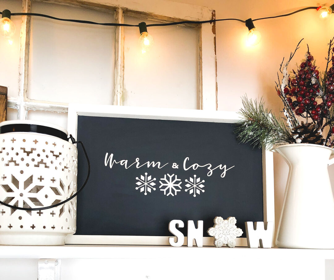 DIY Winter Decor Sign - Ameroonie Designs | Make a Warm and Cozy sign